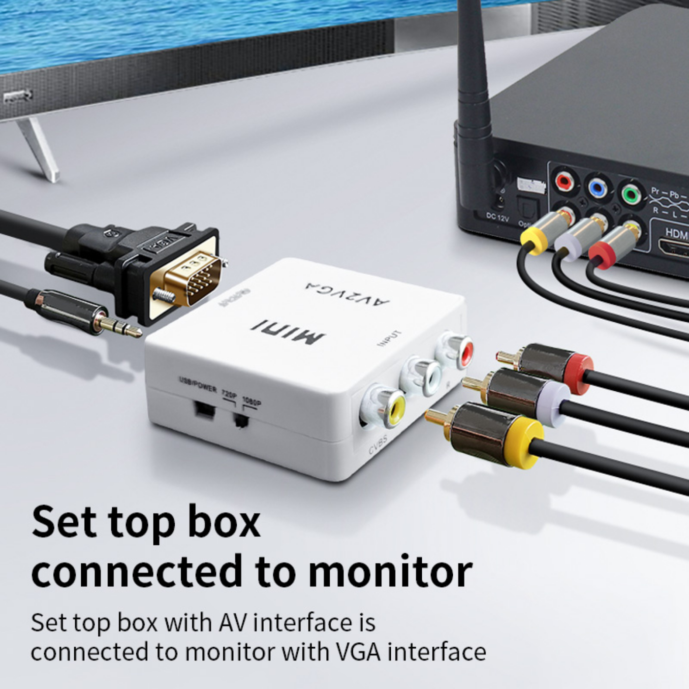 Convertidor AV2VGA – RCA a VGA con Audio 1080p sep%% Cyan